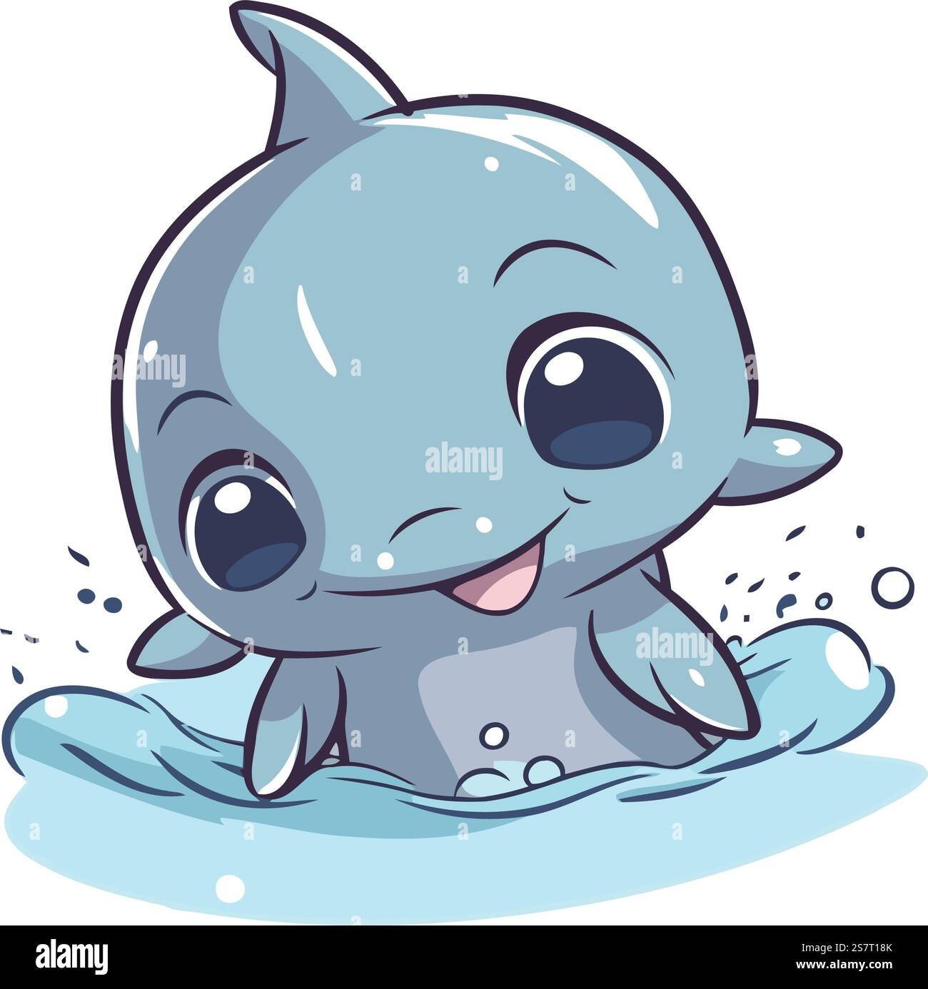 Cute cartoon baby dolphin swimming in the sea. Vector illustration ...