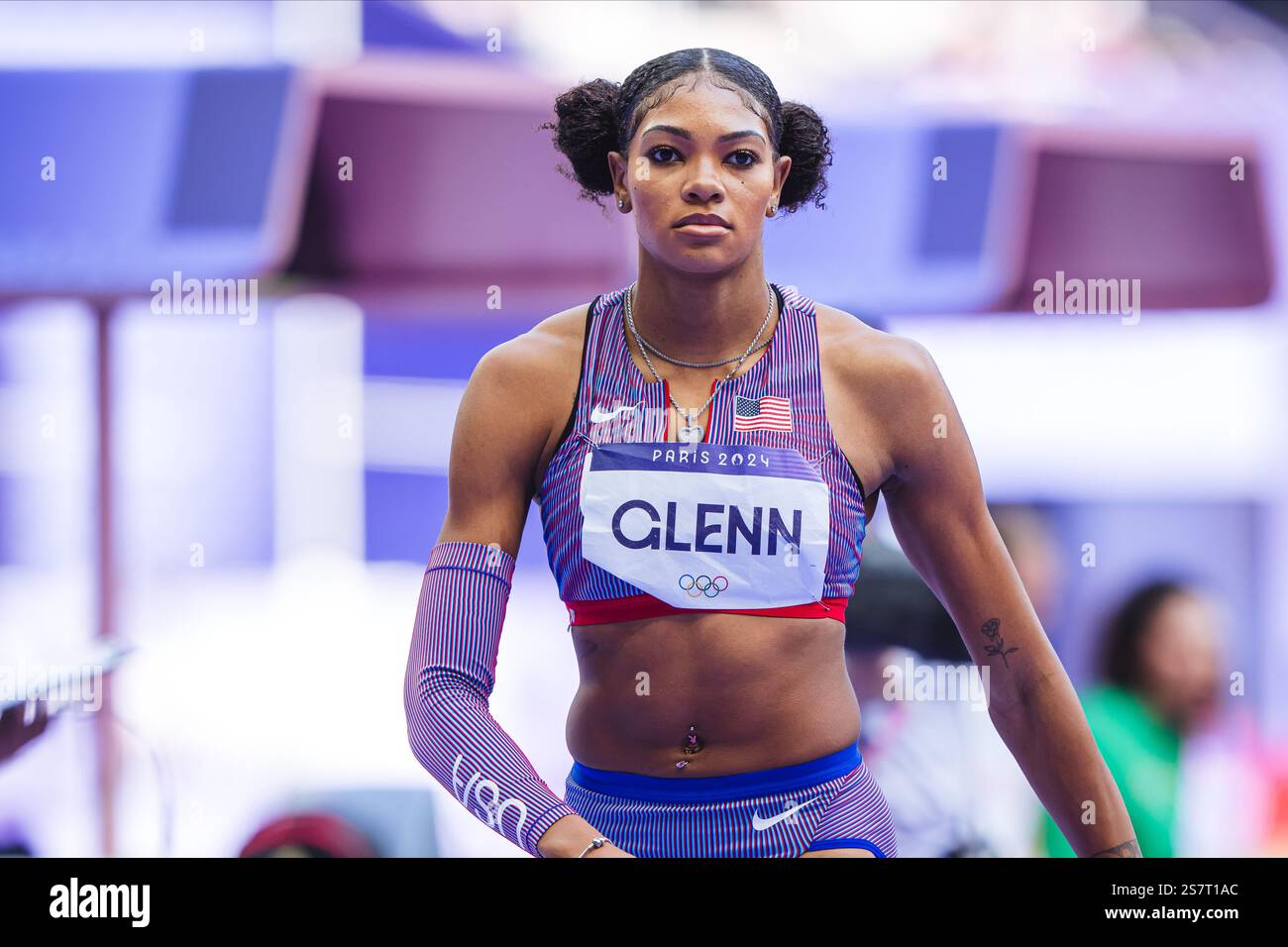 Rachel Glenn participating in the high jump at the Paris 2024 Olympic ...