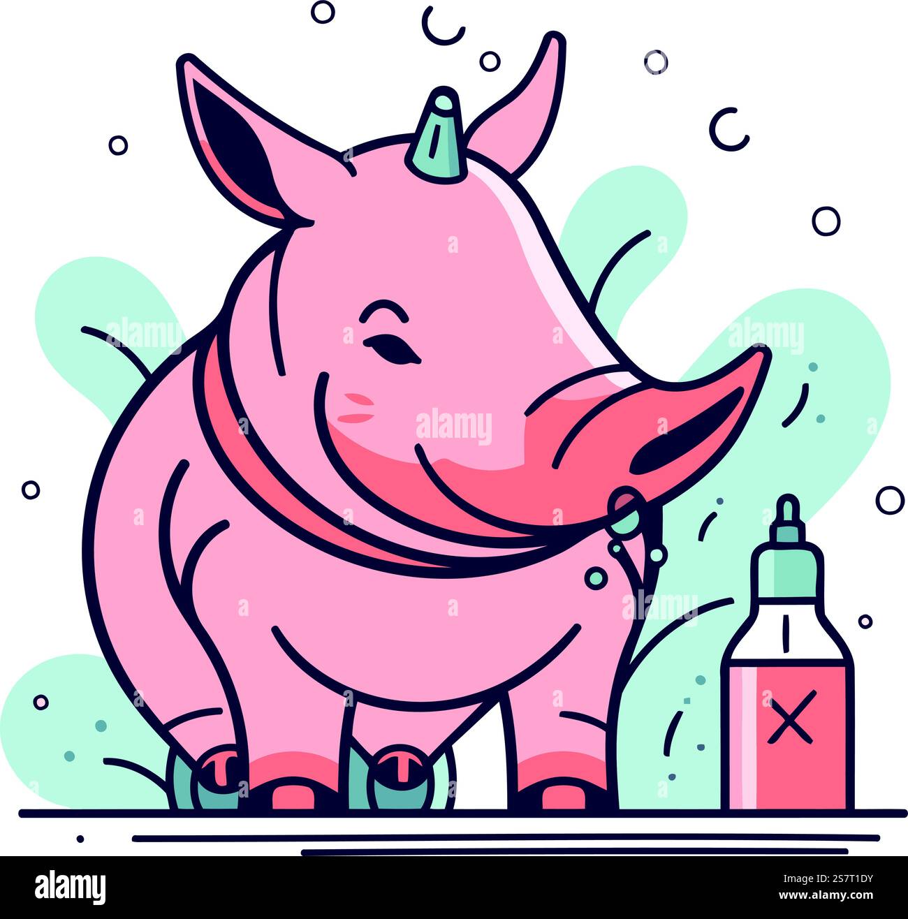 Vector illustration of cute pig with bottle of water. Line art style ...