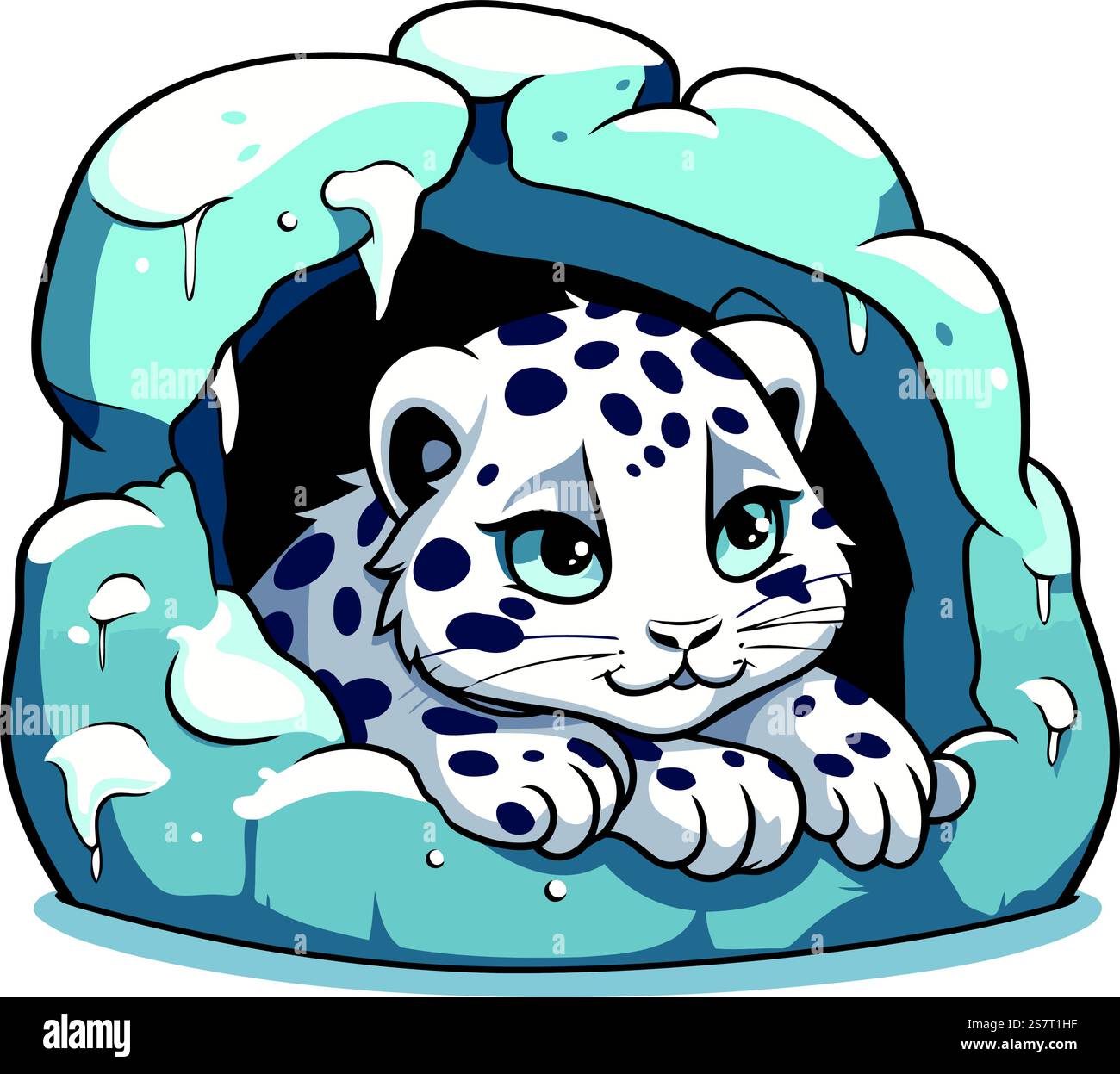 Cute cartoon snow leopard in a snow cave. Vector illustration Stock ...