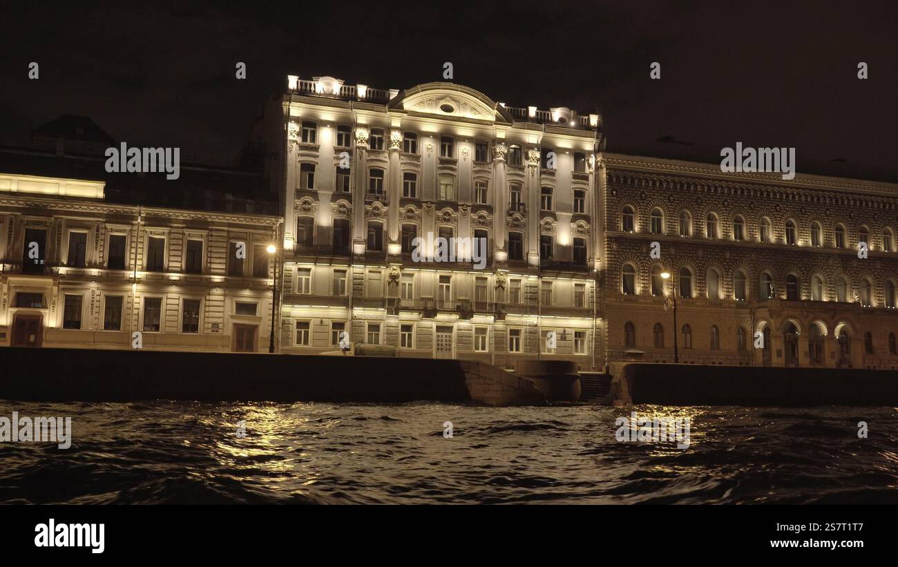 Historic moyka river buildings glowing at night, architectural details ...