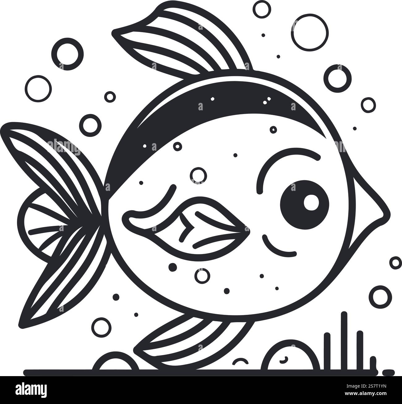 Cute cartoon fish. Black and white vector illustration for coloring ...