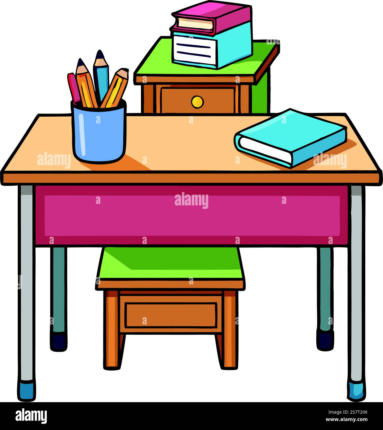 Cartoon school desk setup with educational materials, including books ...