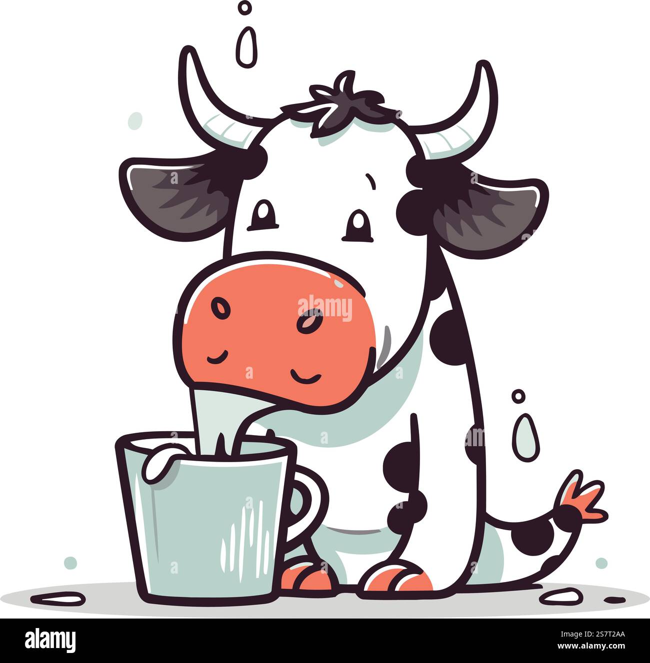 Cute cow drinking milk from a mug. Vector cartoon illustration Stock ...