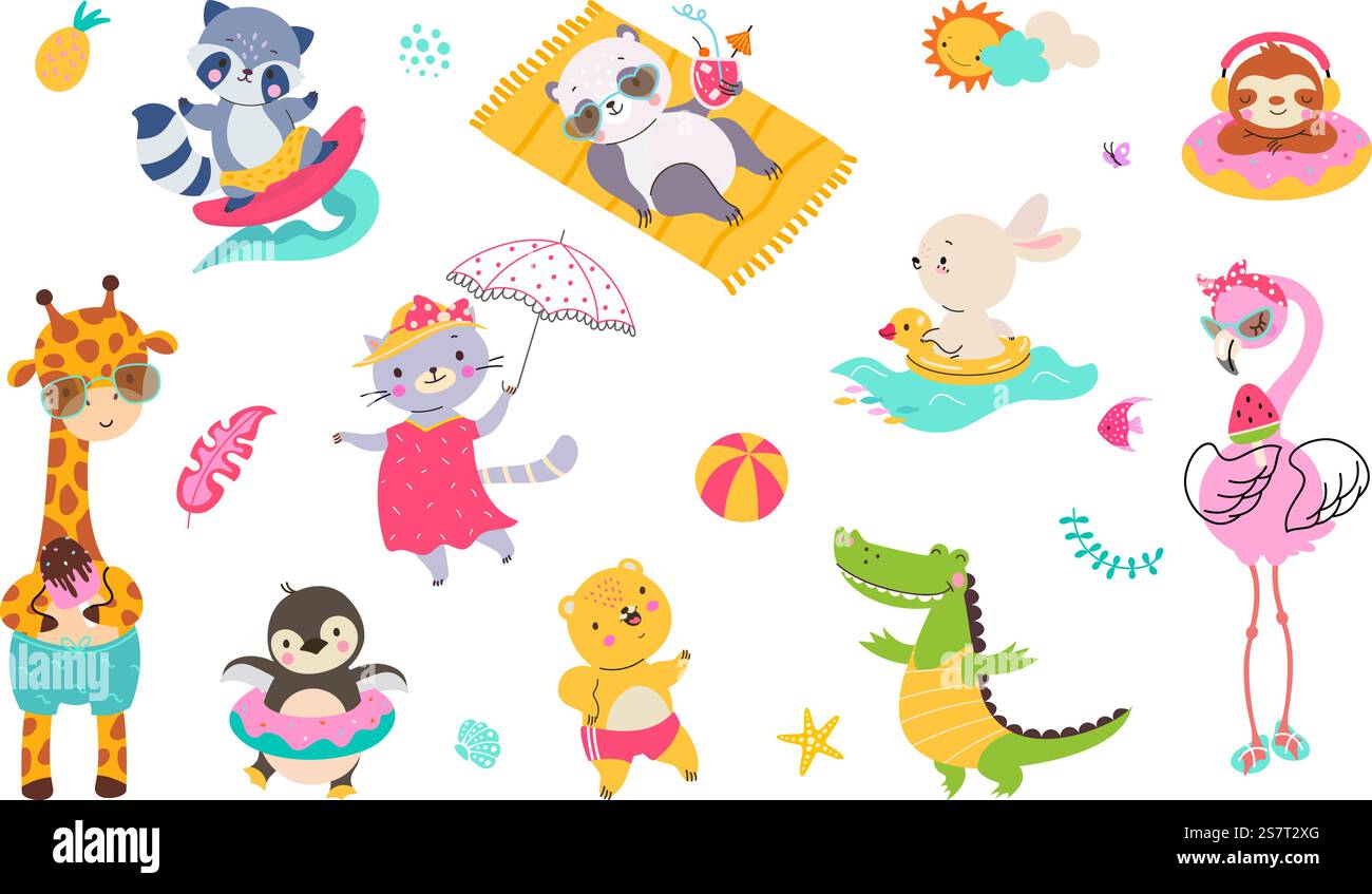 Cute summer animals, raccoon surfer and sloth panda resting beach ...