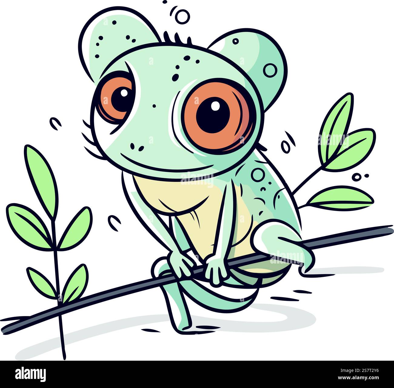 Cute cartoon frog sitting on a branch with leaves. Vector illustration ...