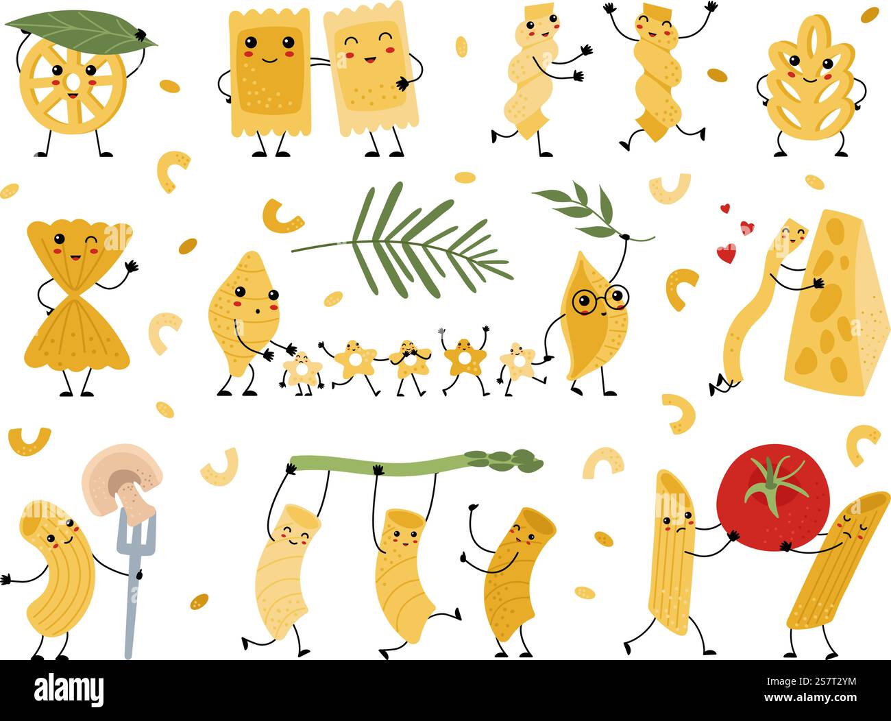 Cute pasta characters, cartoon spaghetti and macaroni. Funny noodle ...