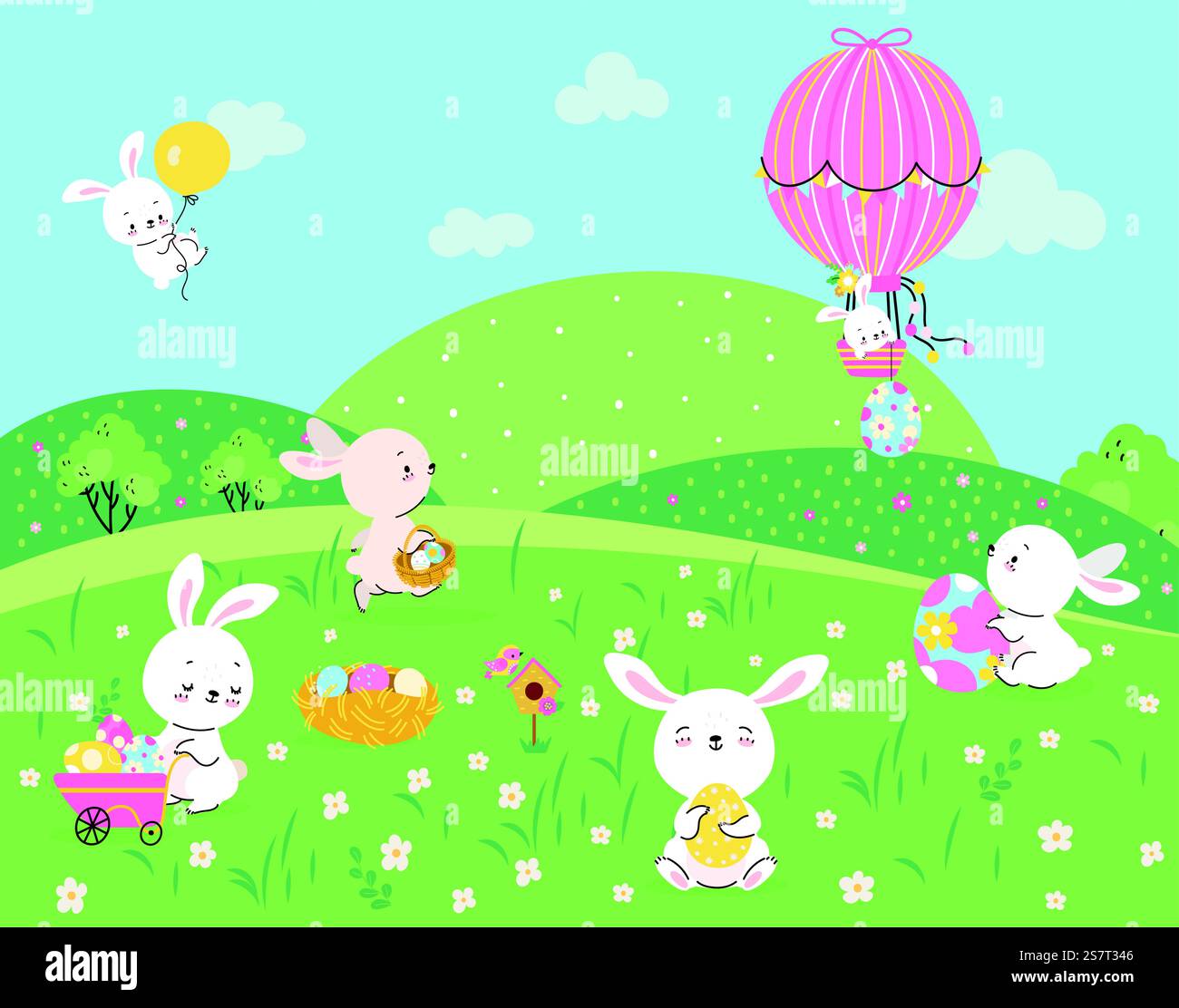 Bunny on meadow. Garden bunnies play hunting eggs. Easter rabbit with ...