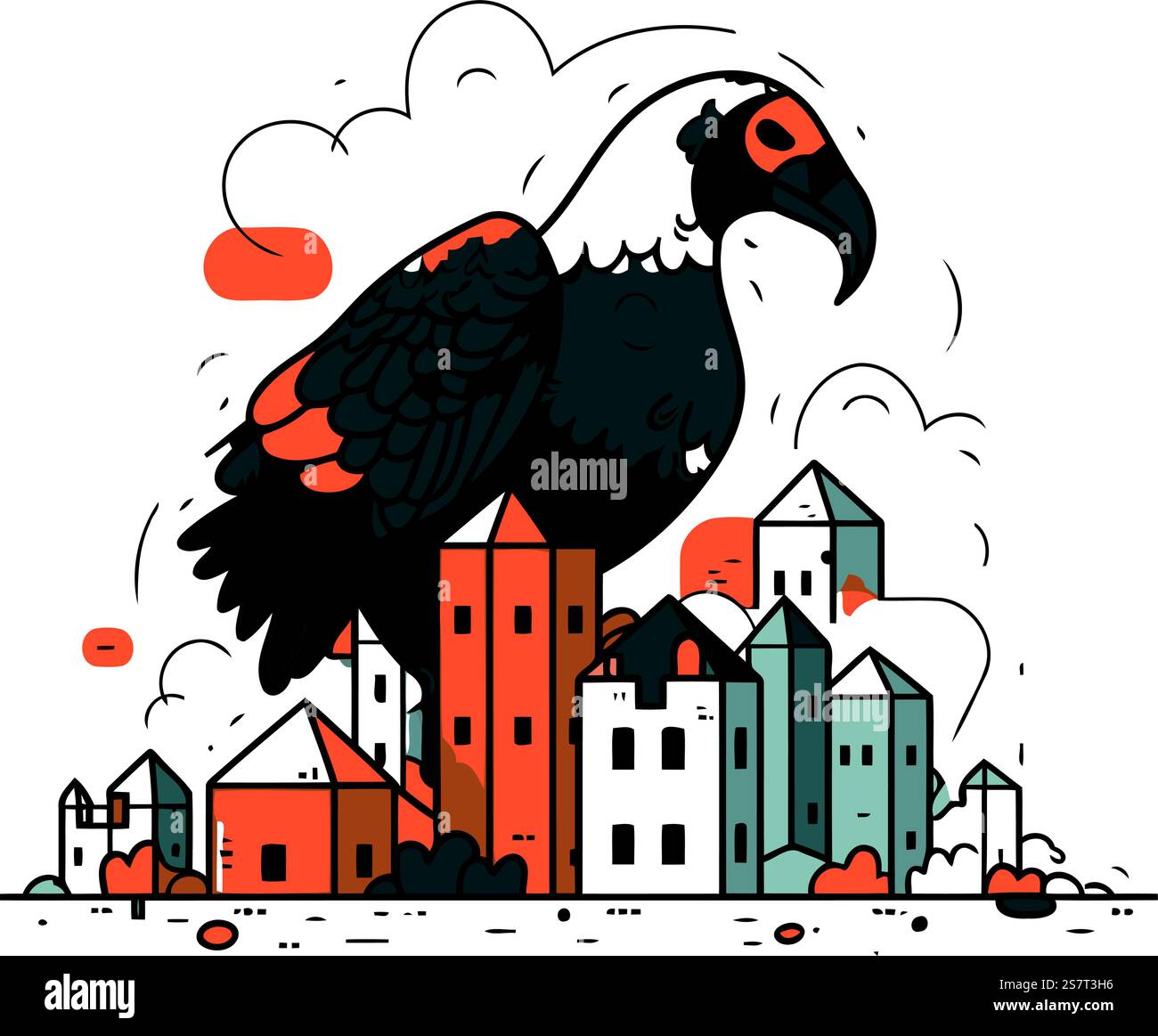 Vector illustration of a raven on the background of the city. Cute hand ...