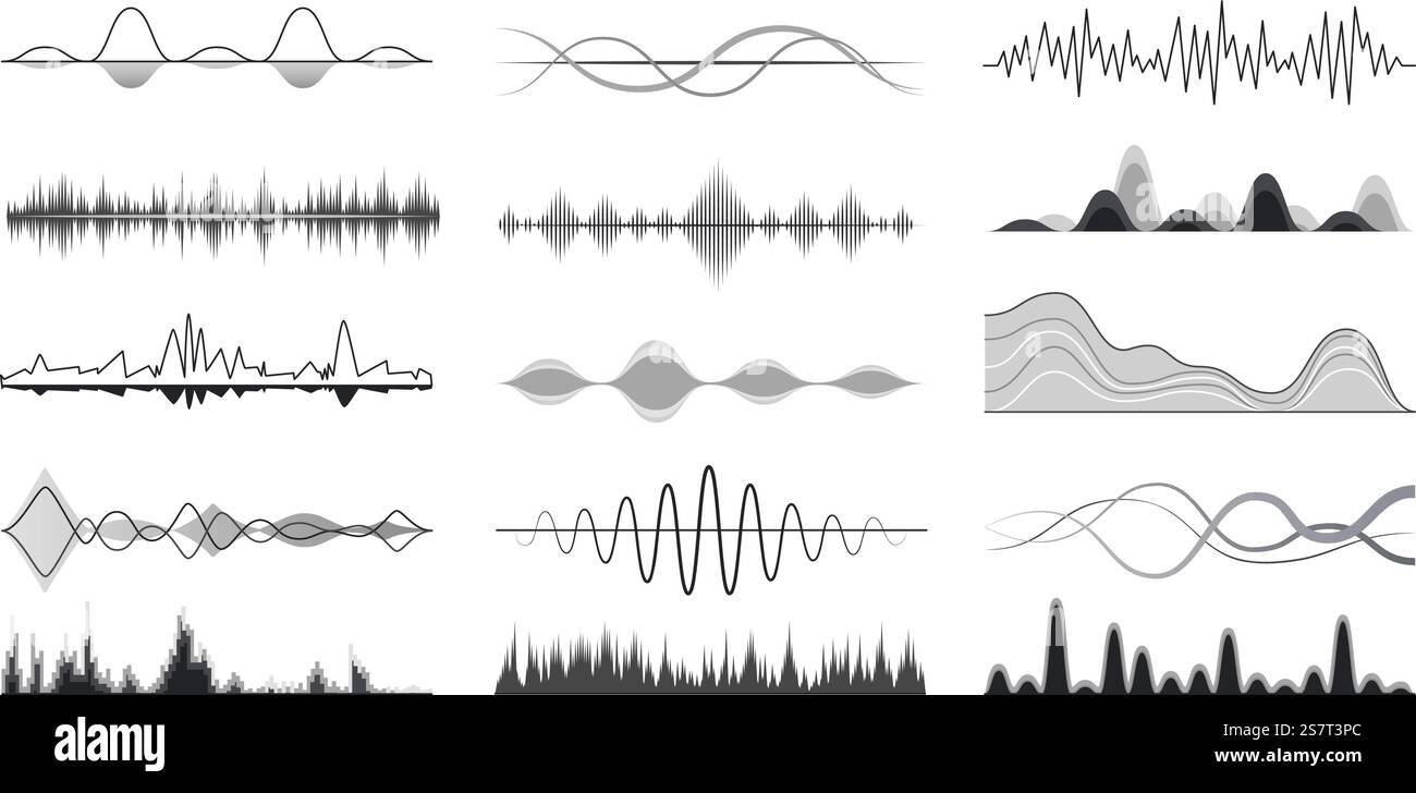 Monochrome audio sound waves, song or voice symbols. Radio frequency, monitor vibration and ...
