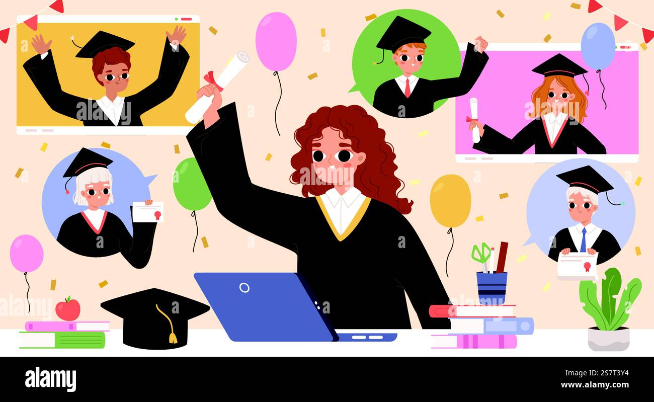 Online university graduation party. Graduate young adults, distance ...