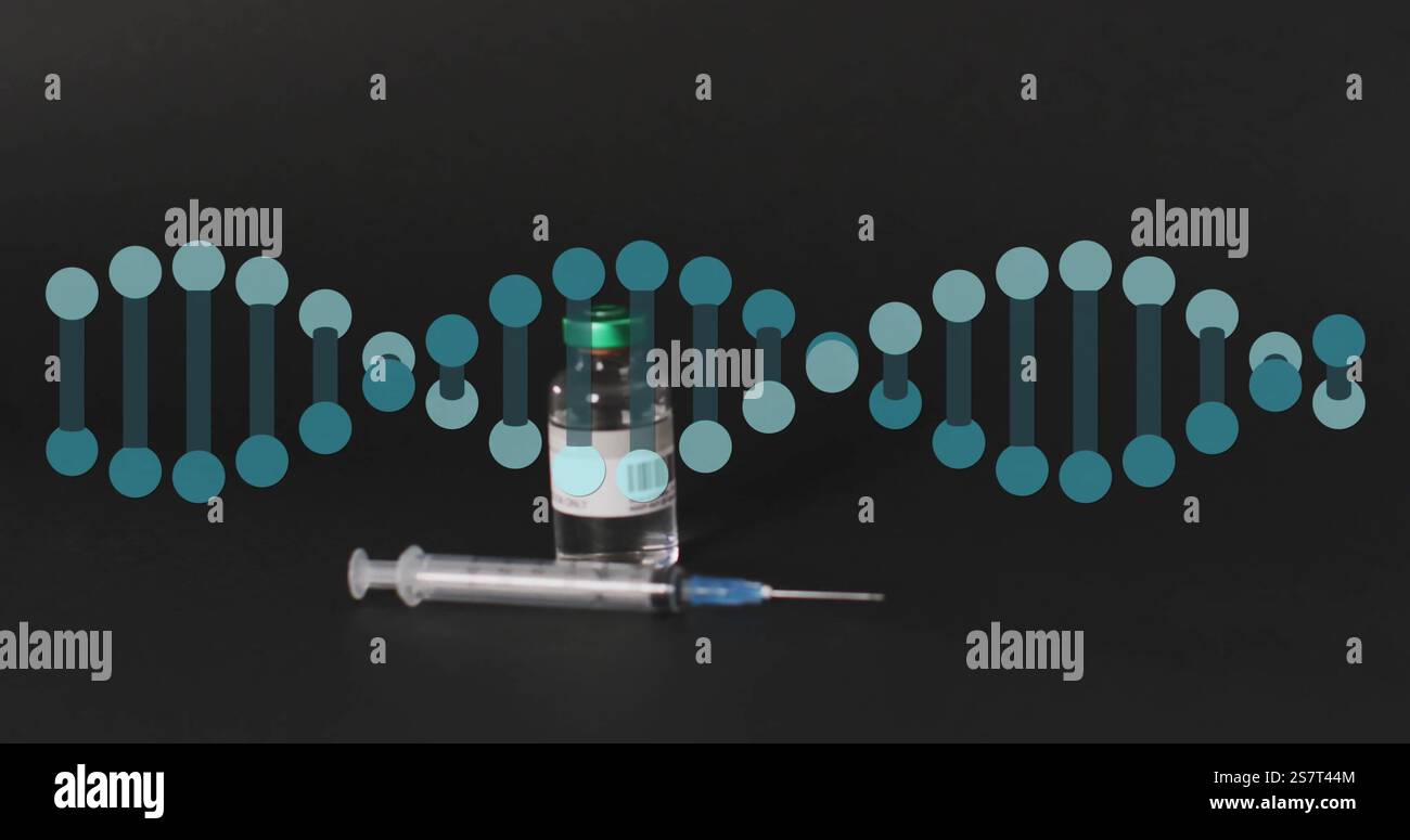 Image of dna strand over vial and syringe on black background Stock ...