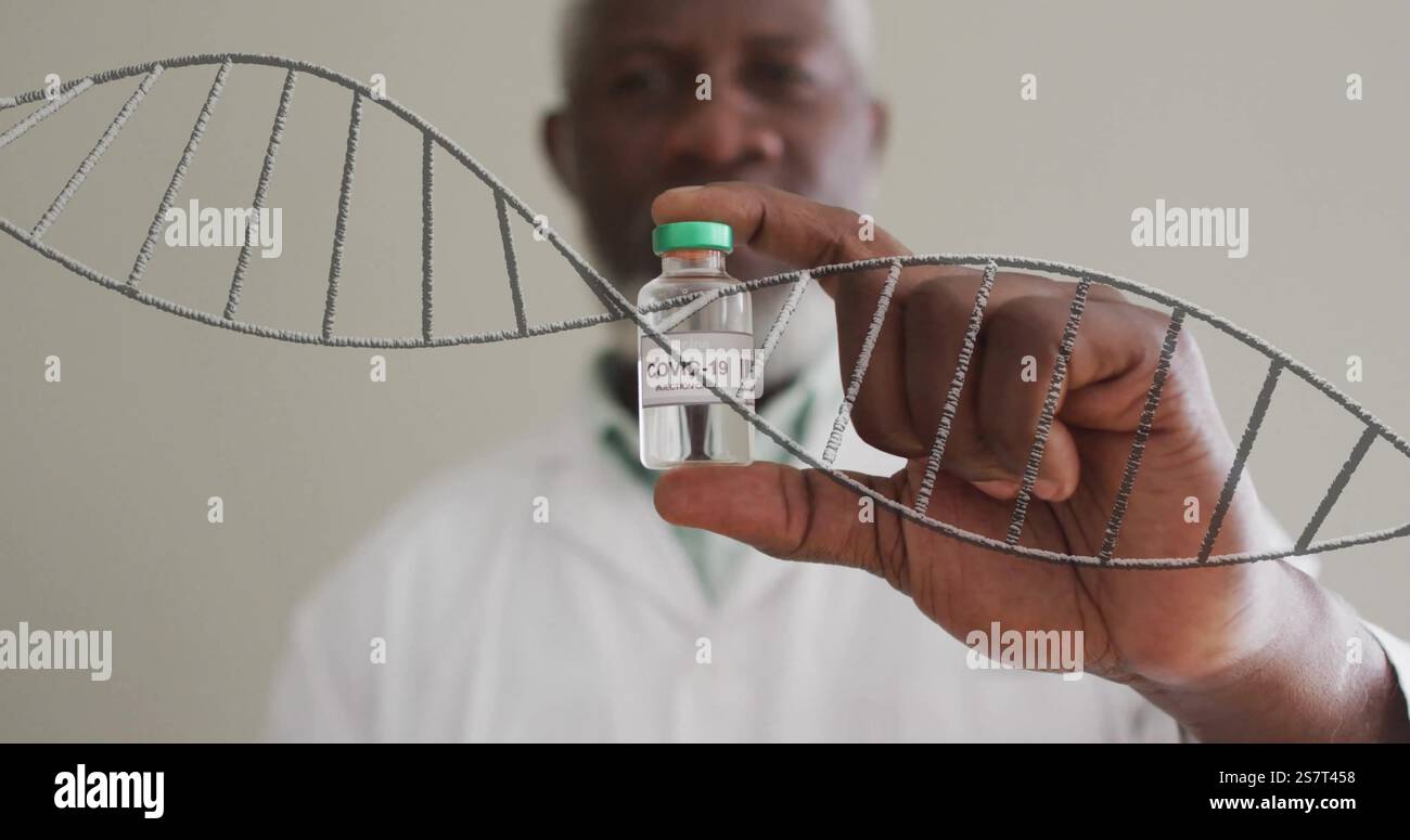 Image of dna strand over african american male doctor holding vial ...