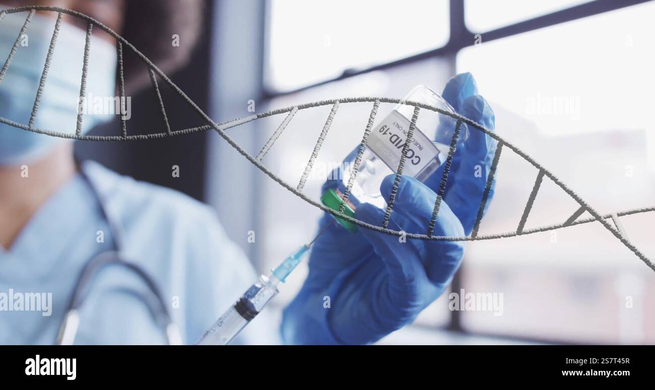 Image of dna strand over african american female doctor holding vial ...