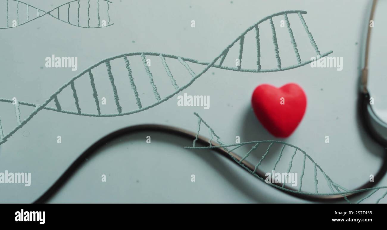Image of dna strands over heart and stethoscope on blue background ...
