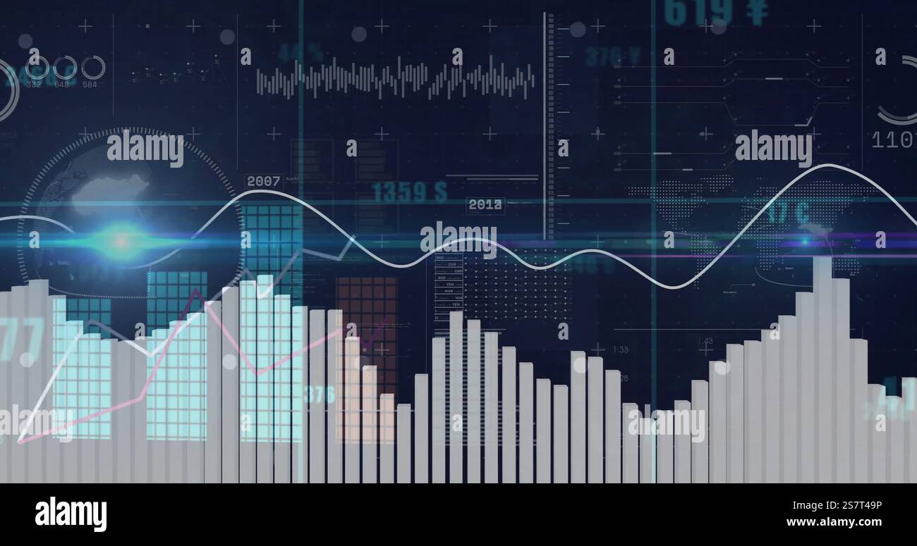 Image of statistics and digital data processing over dark background ...