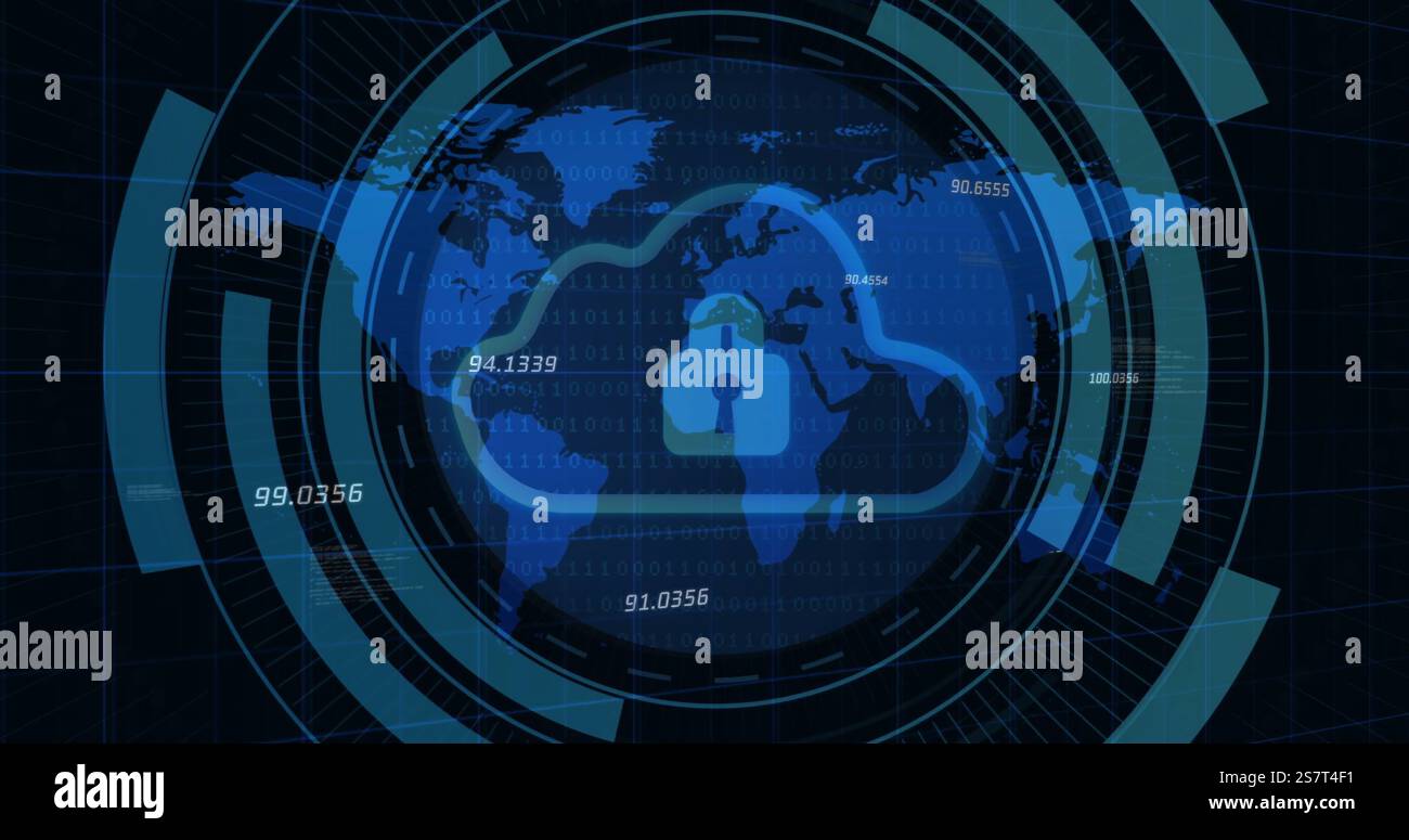 Image of data processing over scope scanning and world map with cloud ...