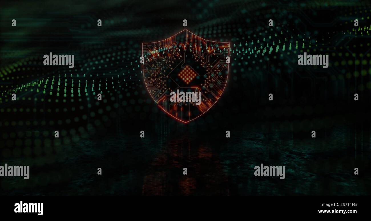 Image of shield icon with computer circuit board over spots on black ...