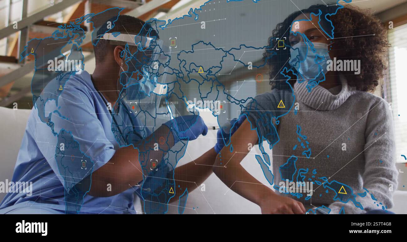 Image of world map over biracial doctor vaccinating patient Stock Photo ...