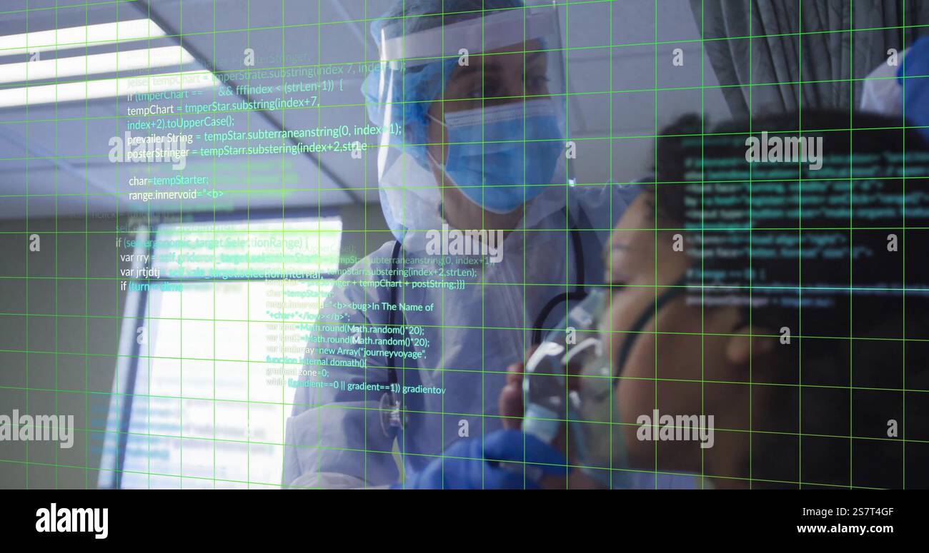 Image of data processing and shapes over caucasian female surgeon with ...