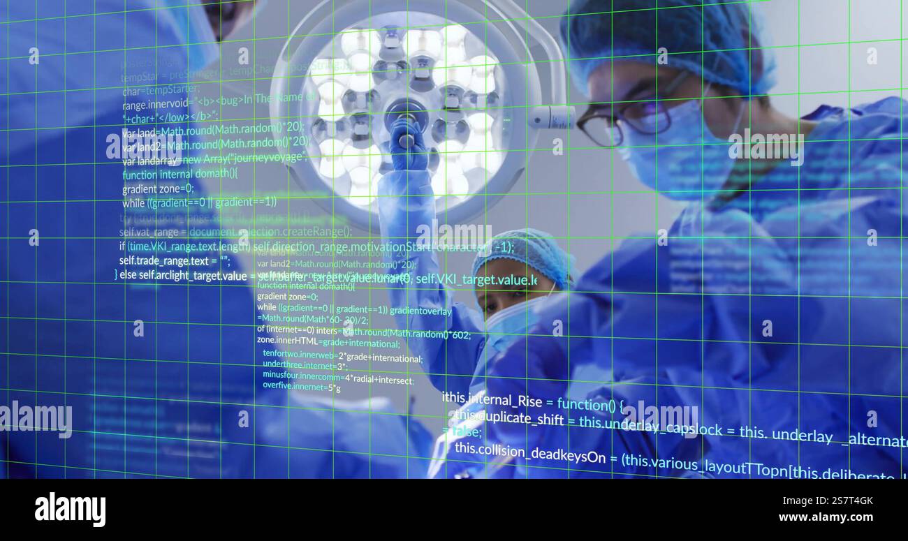 Image of data processing and shapes over diverse surgeons wearing face ...
