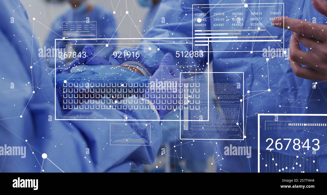 Image of data processing and diagrams over diverse surgeons in ...