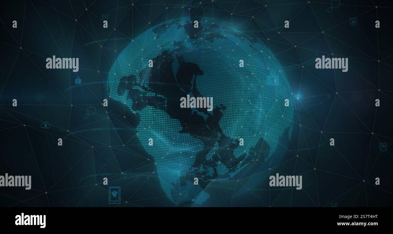 Image of network of connections and data processing over globe on black ...