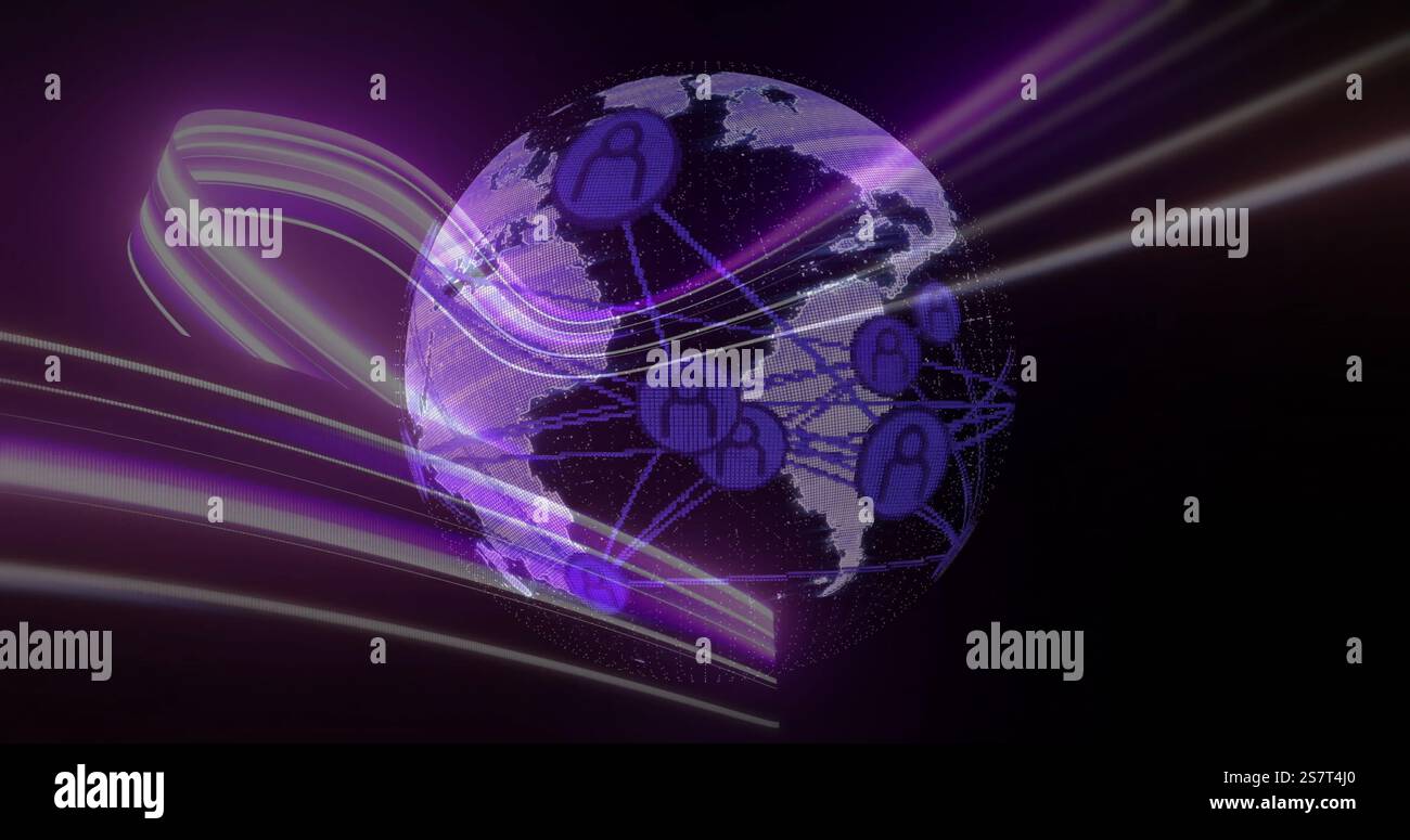 Image of network of connections and light trails over globe on black background Stock Photo - Alamy