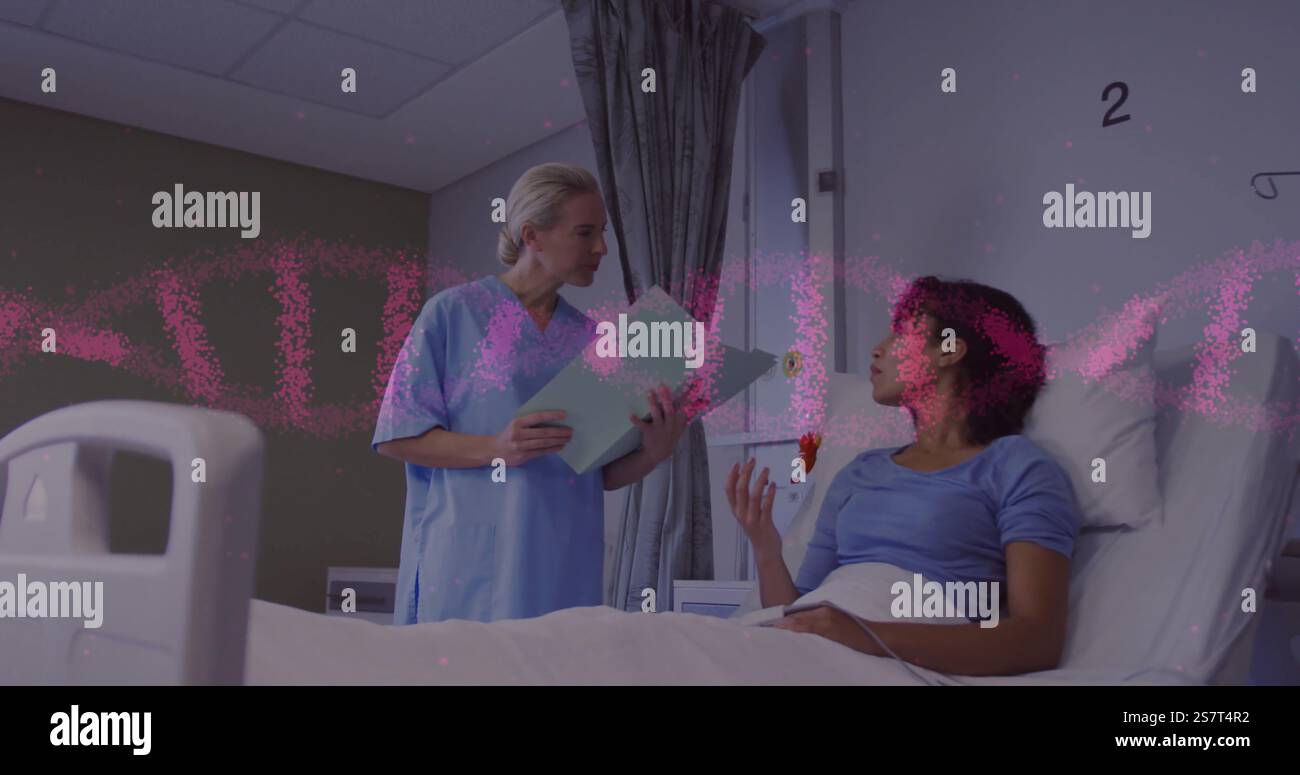 Image of dna strand over caucasian female doctor with patient in ...