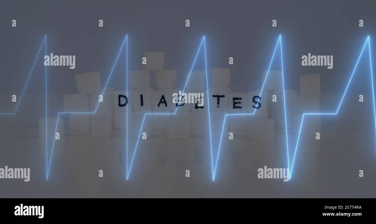 Image of cardiograph over bricks with diabetes text on grey background ...