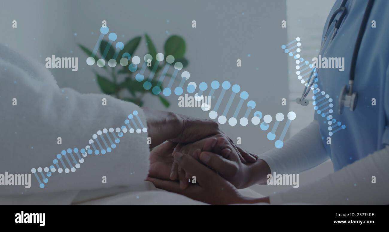 Image of dna strands over biracial female doctor holding hands of her ...