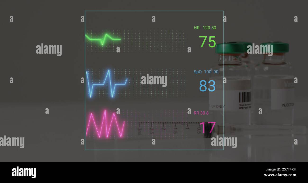 Image of cardiograph over vials and syringe on white background Stock ...