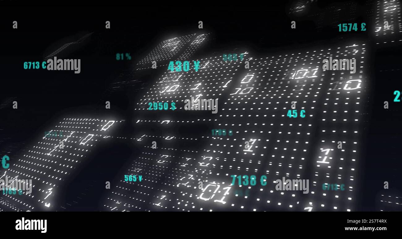 Binary code and financial data image over digital currency symbols Stock Photo - Alamy