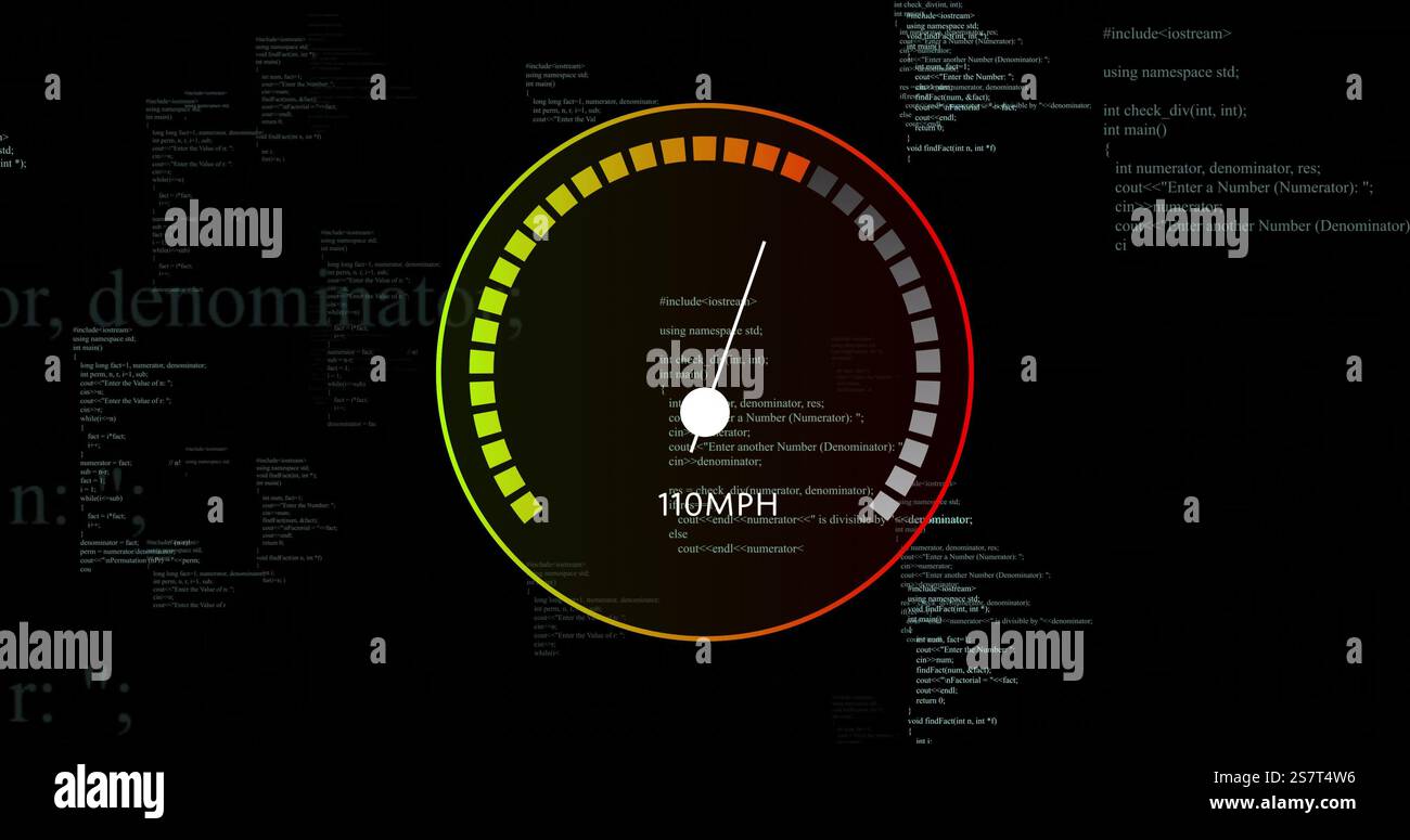Image of digital data processing over speedometer on black background Stock Photo - Alamy