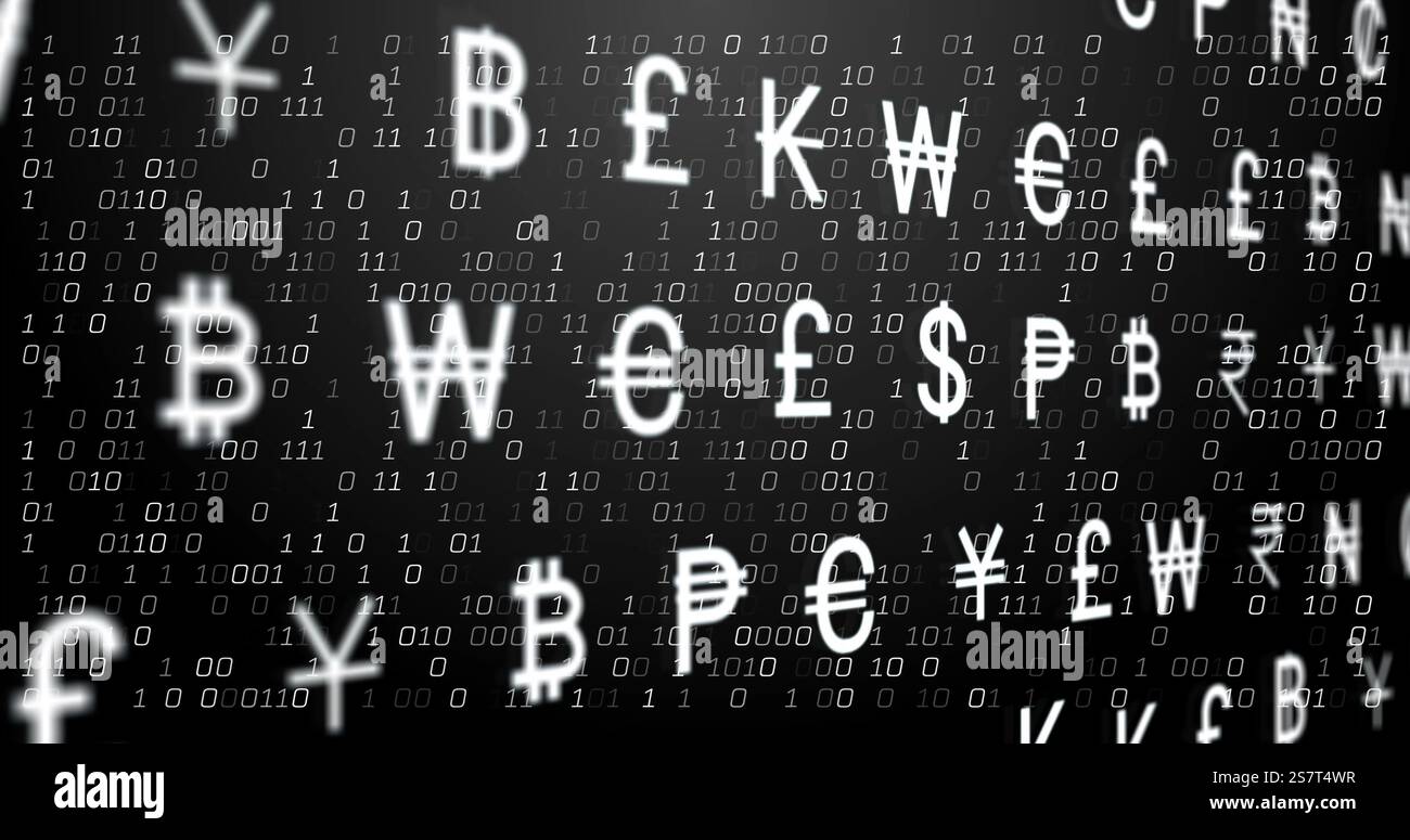 Binary code and currency symbols image over dark background. Technology ...