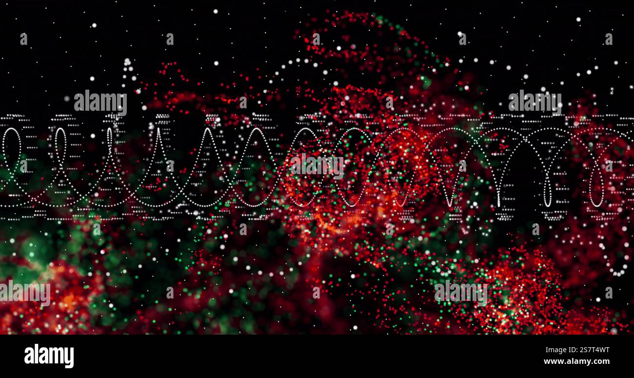 Red and green particles with DNA strand image over black background ...