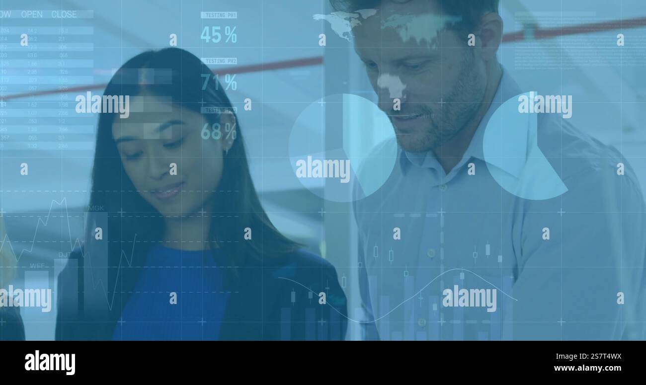 Business people working with data analytics image over world map and ...