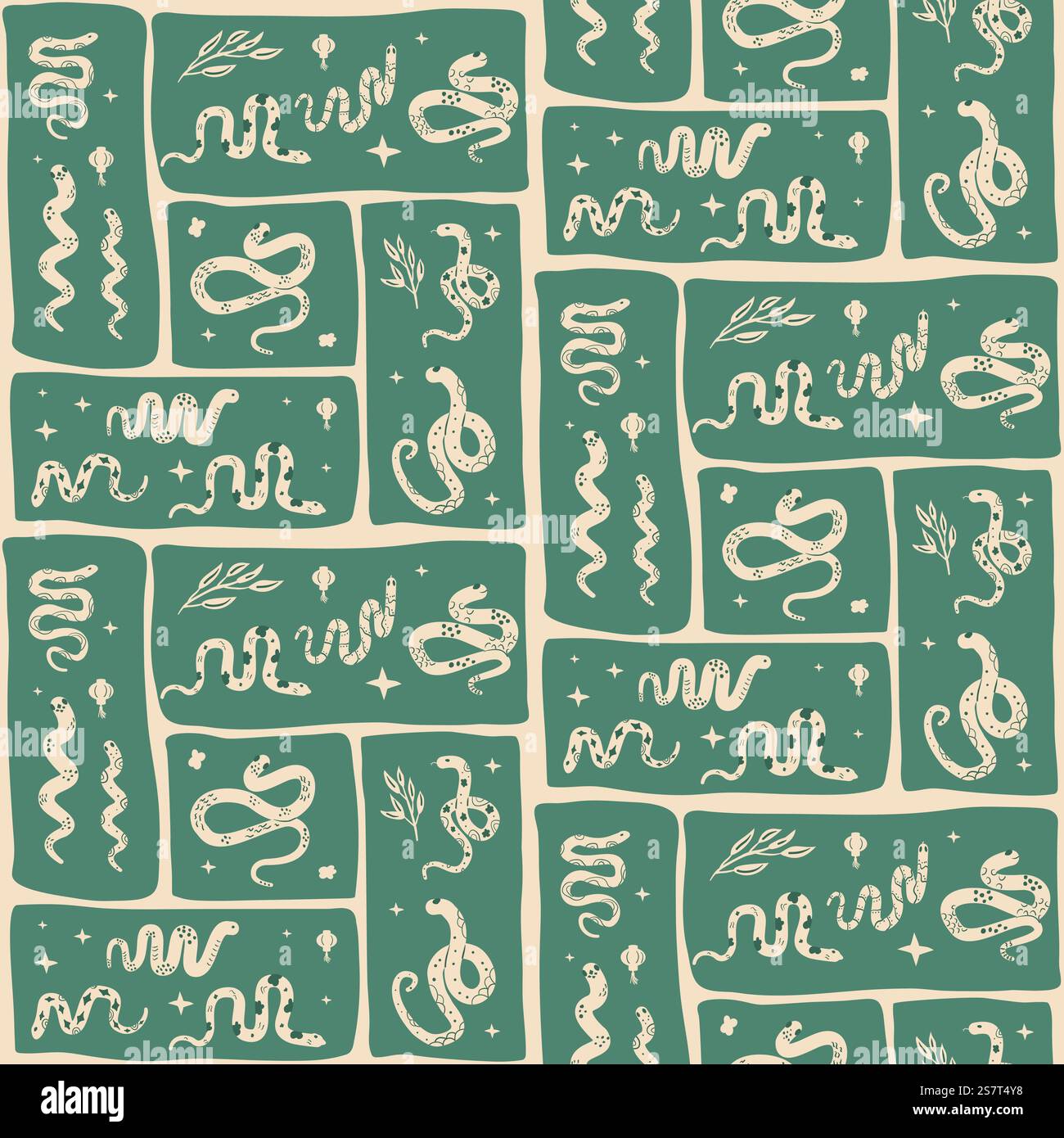 Chinese New Year seamless pattern. Zodiac green snakes bento grid ...