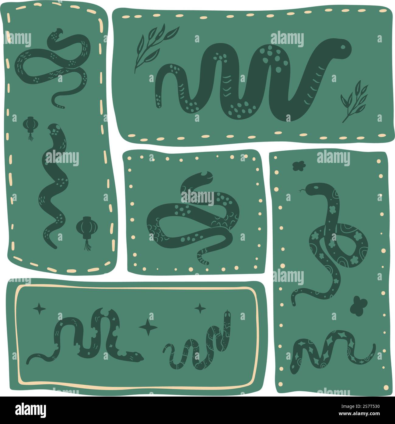 Green snake Chinese New Years square sticker emblem symbol. Cny zodiac ...