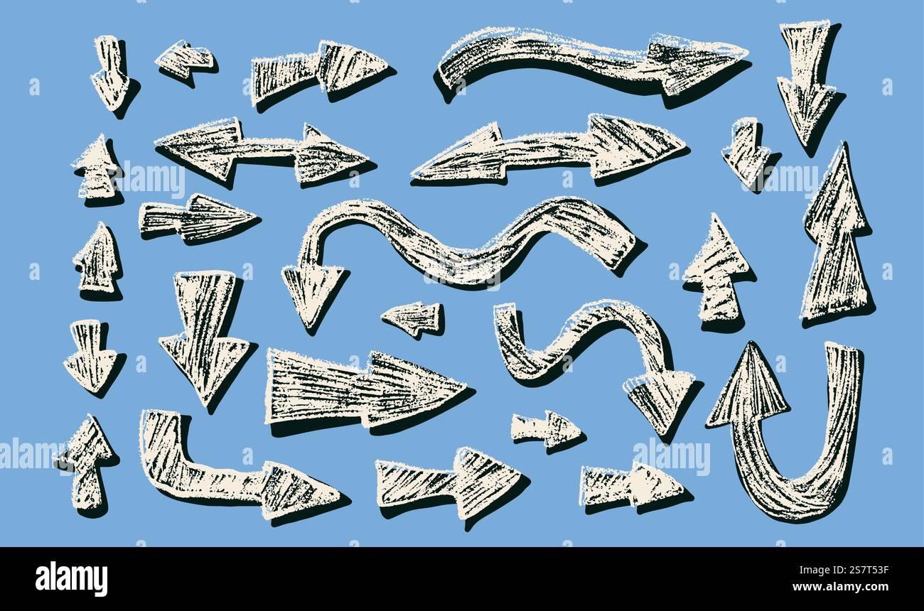 Arrows set. Crayon drawing pointers marks for collage. Vector hand ...