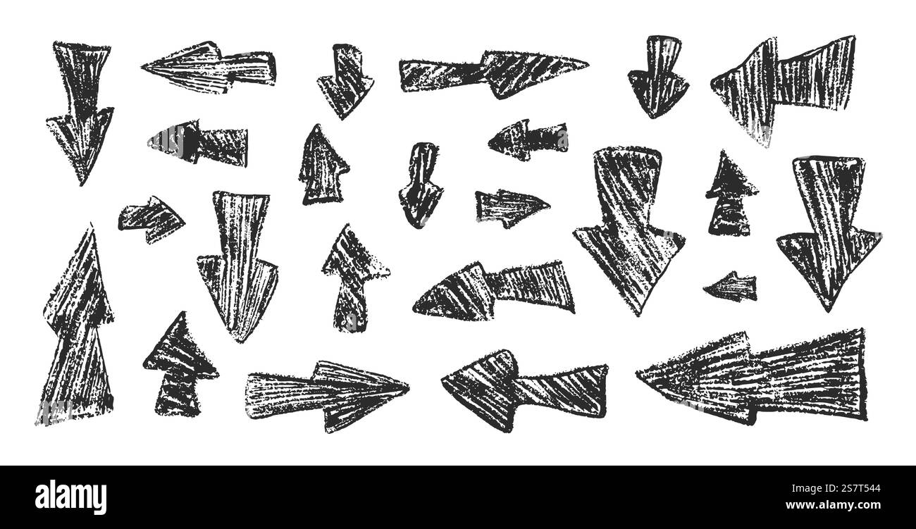 Arrow set crayon drawing. Chalk handwritten symbols. Pointers by pencil ...