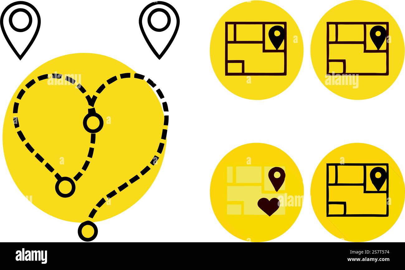 Minimalist dashed line icons with heart shaped paths, travel route pins ...