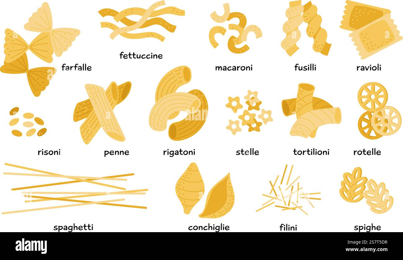 Italian pasta types set. Different macaroni, noodle and farfalle ...