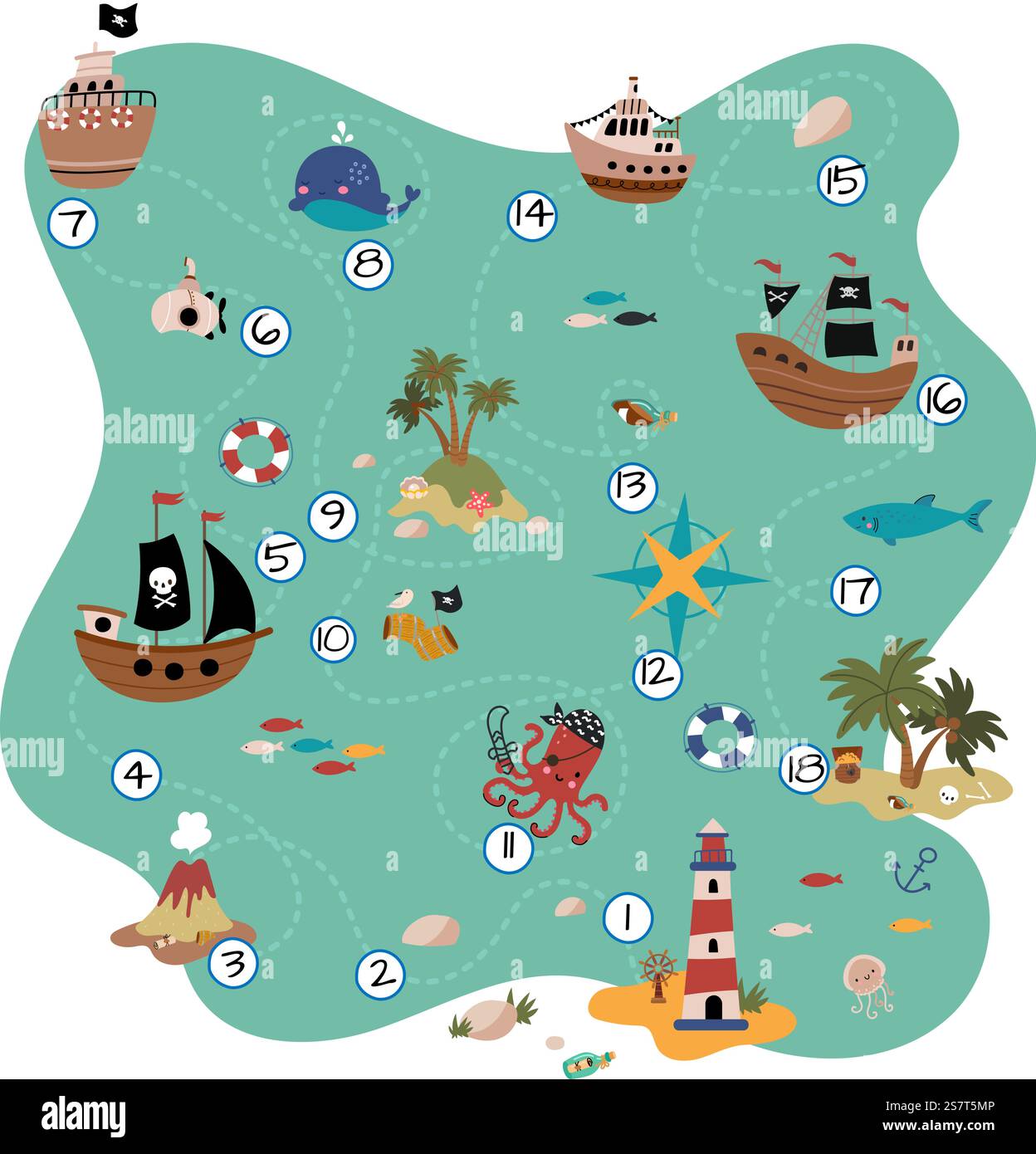 Treasure map children game. Palm island, volcano and pirate ships in ...
