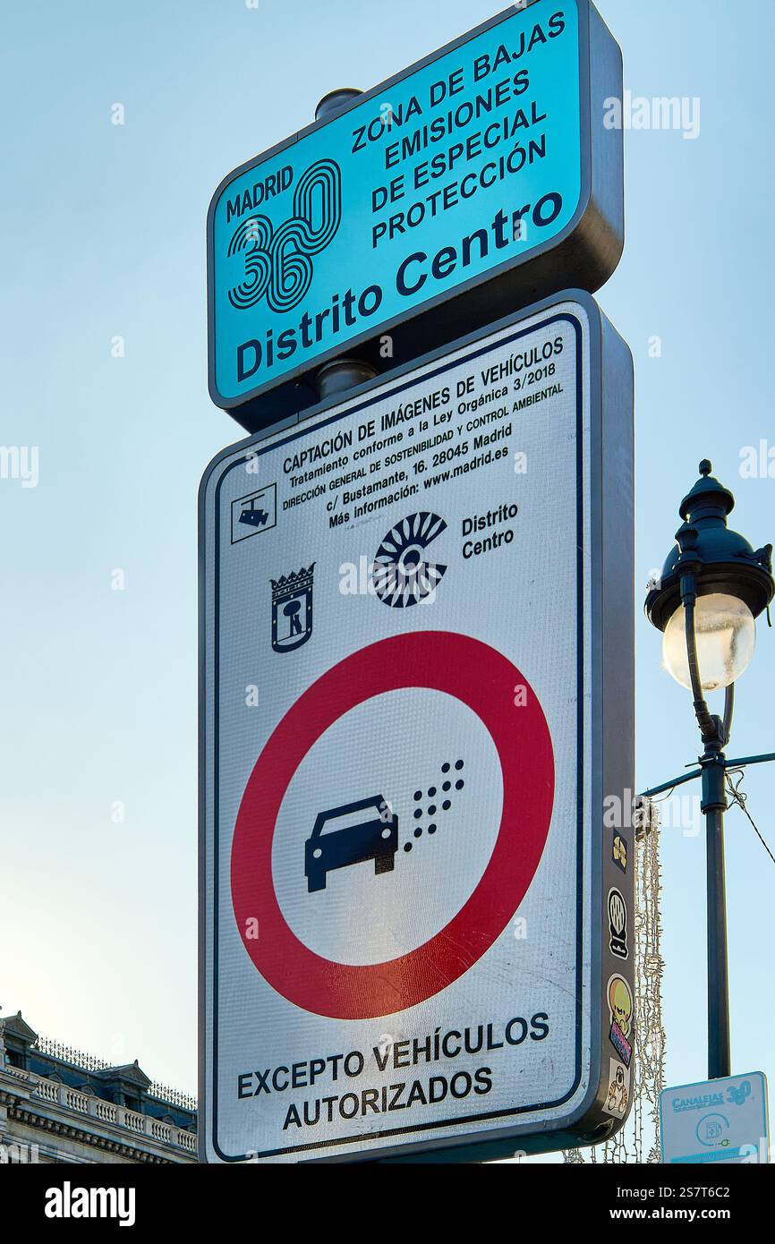 Madrid. Spain - January 20, 2025: Traffic sign indicating a low ...
