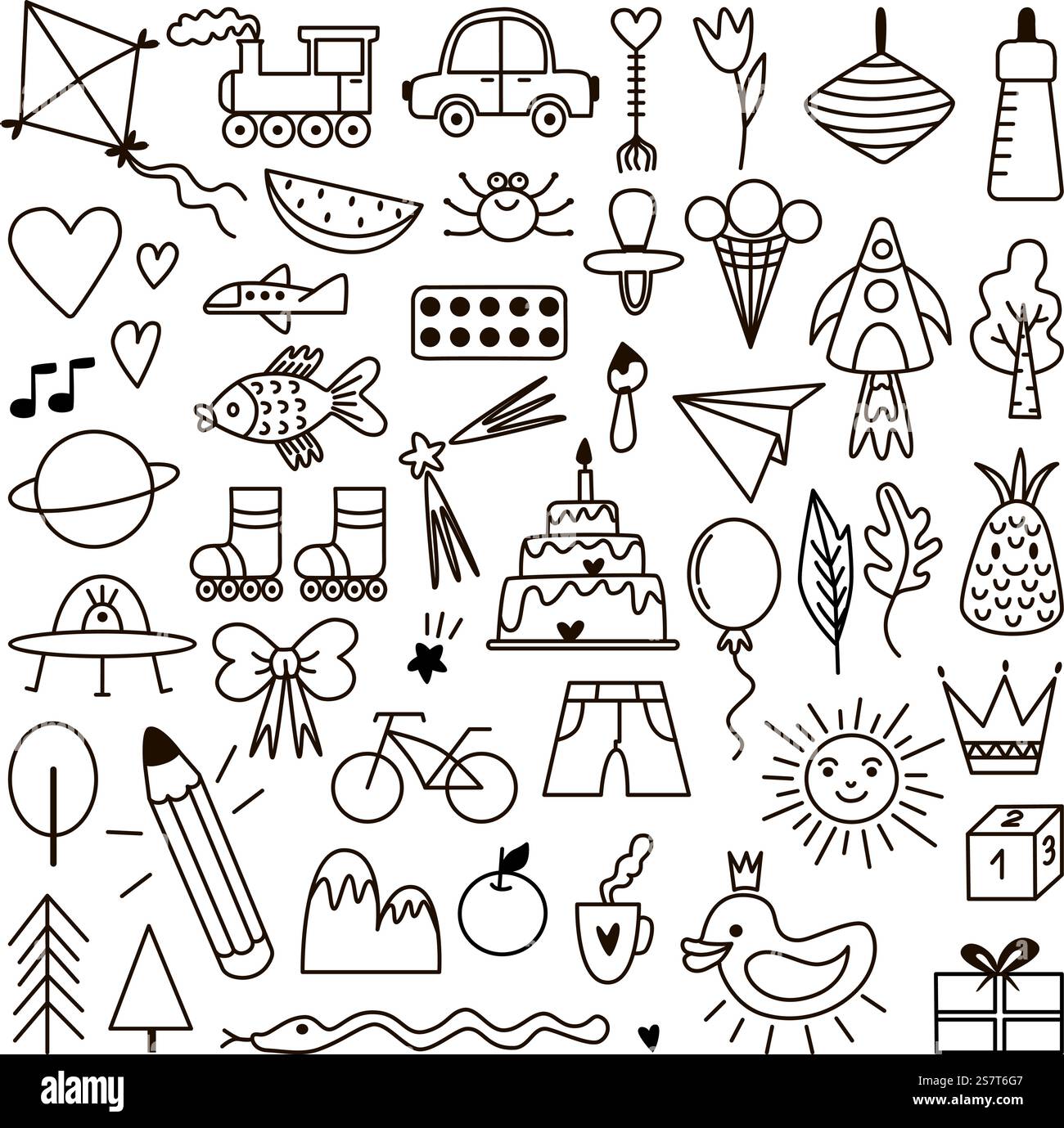 Baby doodles icons. Transportation outline elements, car train and bike ...