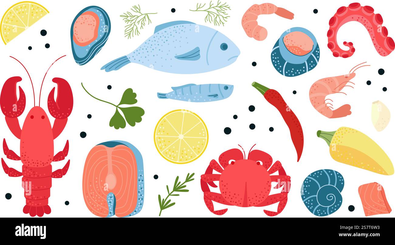 Seafood cartoon flat product. Drawn lobster and rosemary, fish lemon ...