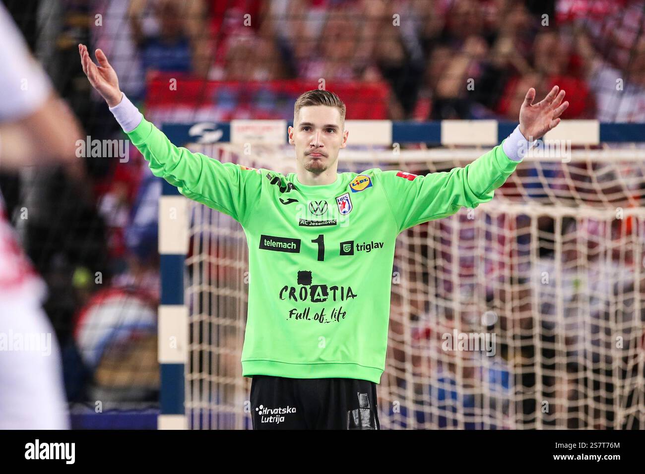 Zagreb, Zagreb. 19th Jan, 2025. Dominik Kuzmanovic of Croatia reacts during the 2025 IHF Men's ...