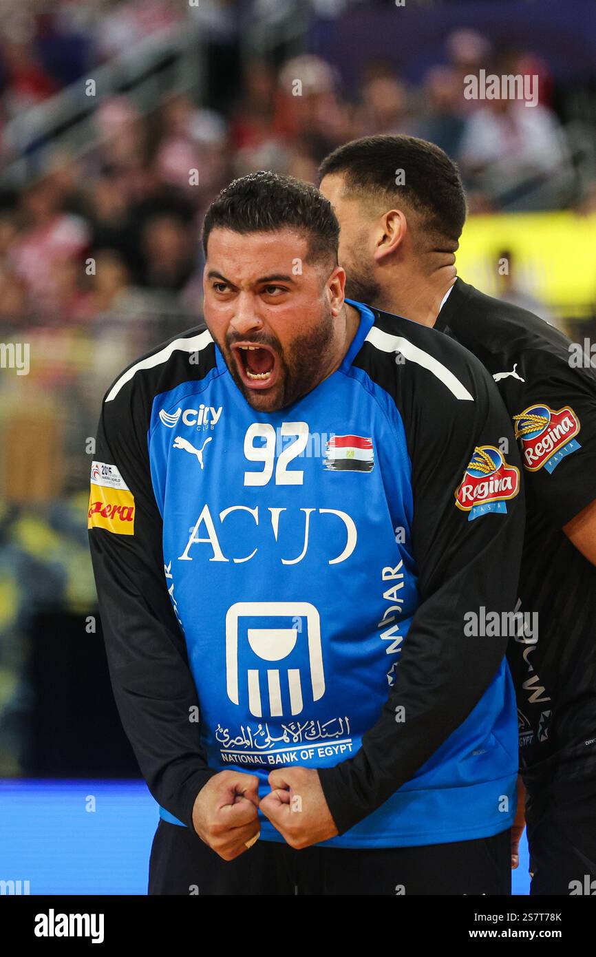 Zagreb, Zagreb. 19th Jan, 2025. Mohamed Aly of Egypt reacts during the 2025 IHF Men's Handball ...