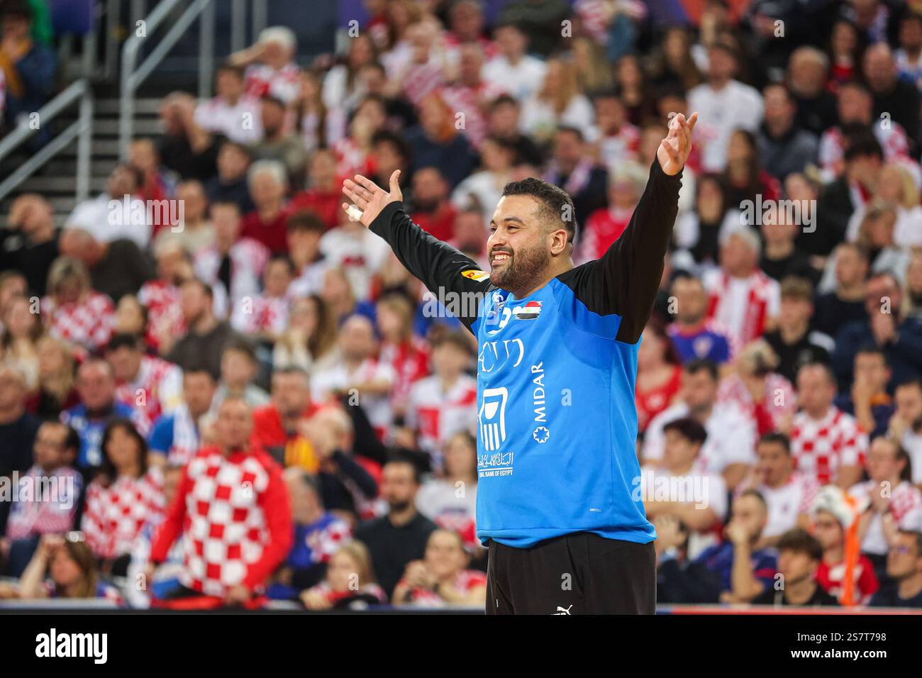 Zagreb, Zagreb. 19th Jan, 2025. Mohamed Aly of Egypt reacts during the 2025 IHF Men's Handball ...